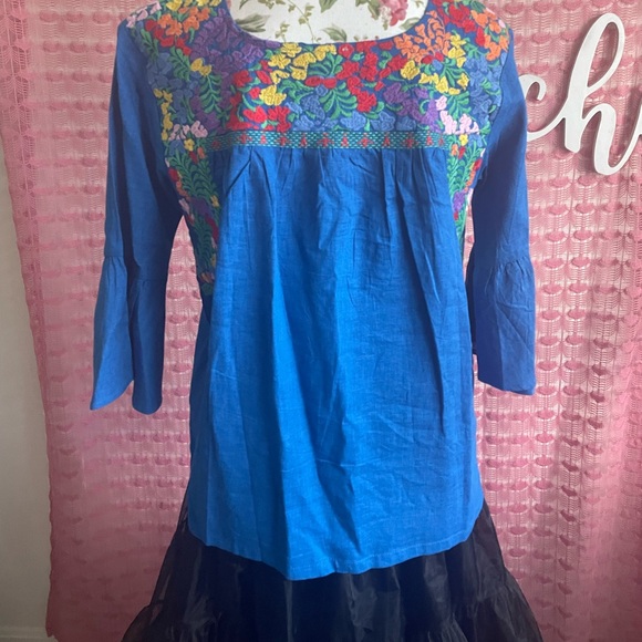 Modcloth | Tops | Retro 7s Inspired Blue Embroidered Bell Sleeve ...